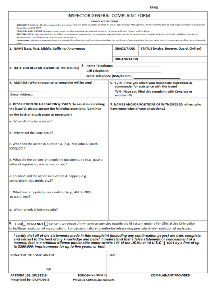AF Form 102 – Inspector General Complaint Form | Finder Doc
