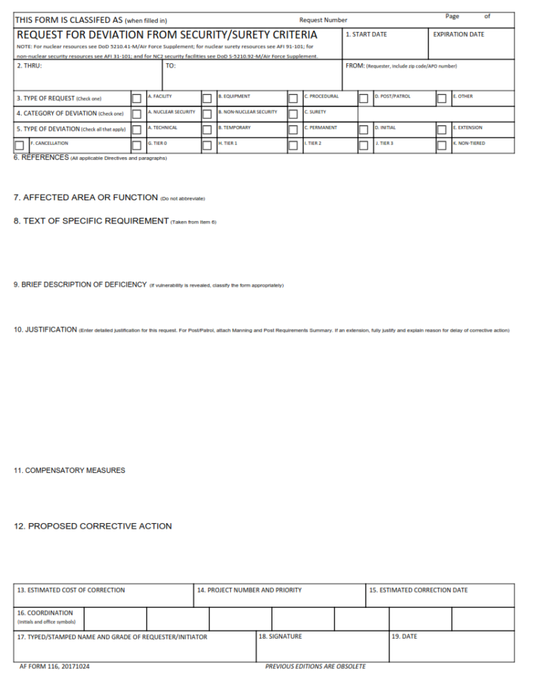AF Form 116 – Request For Deviation From Security Criteria | Finder Doc