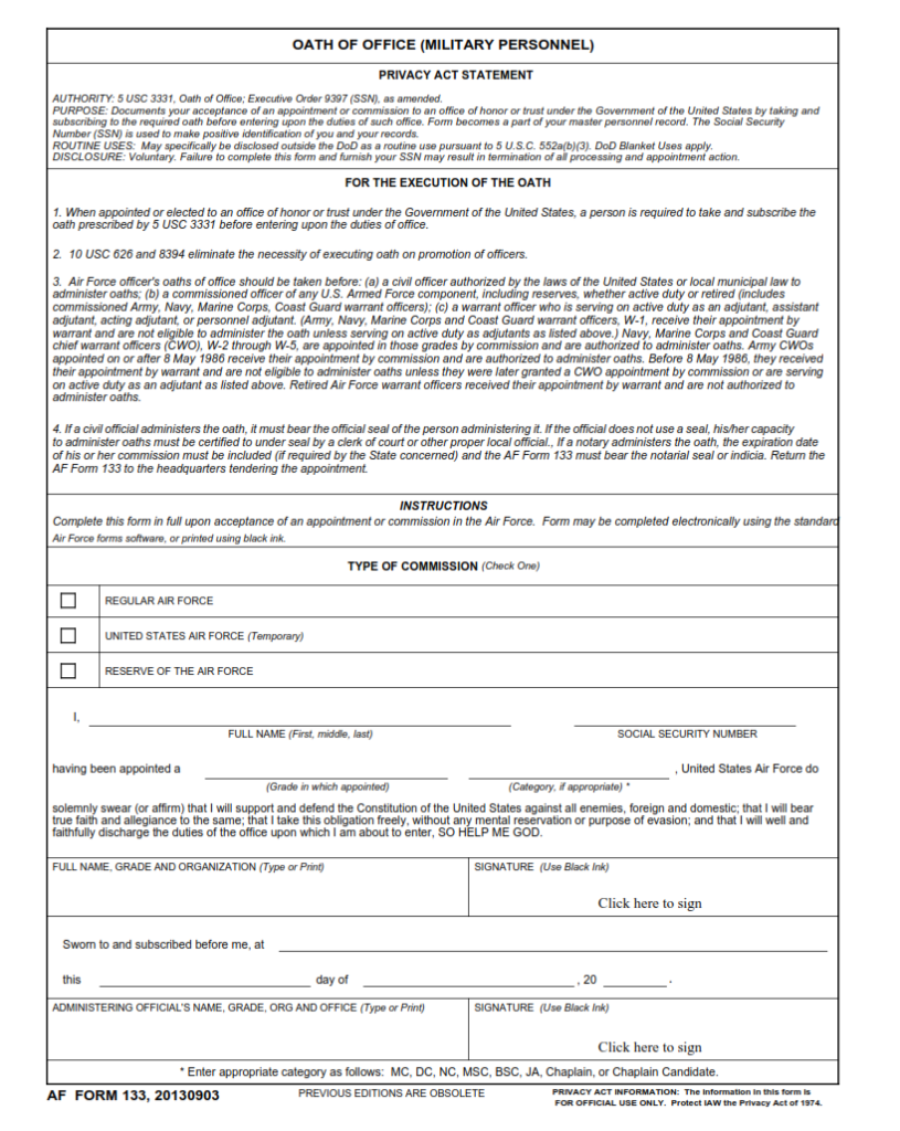AF Form 133 – Oath Of Office Military Personnel | Finder Doc