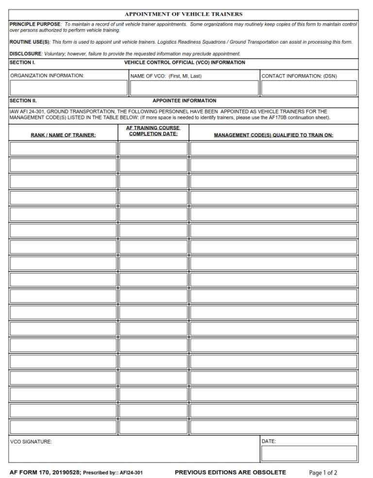 AF Form 170 – Appointment of Vehicle Trainers | Finder Doc