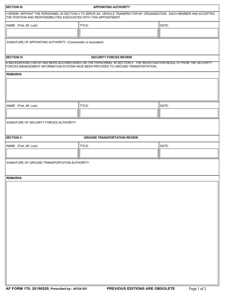 AF Form 170 – Appointment of Vehicle Trainers | Finder Doc