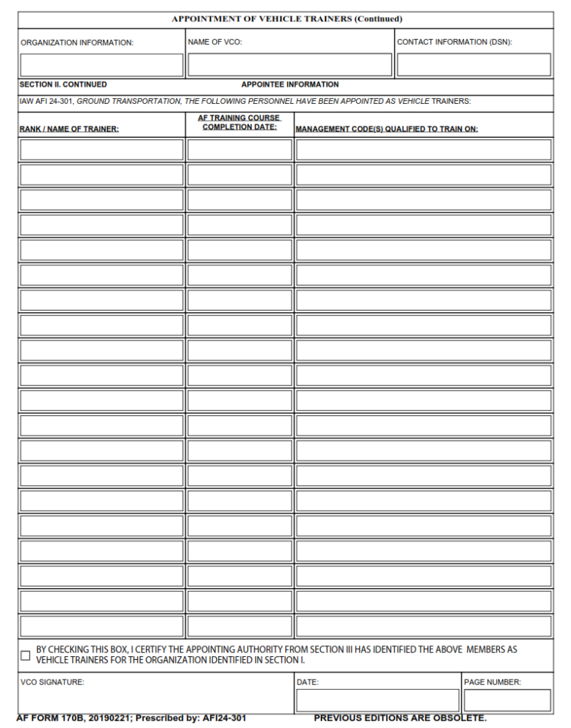 AF Form 170B – Appointment Of Vehicle Trainers (Continued) | Finder Doc