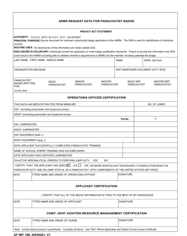 AF Form 196 – Arms Request Data For Parachutist Badge | Finder Doc