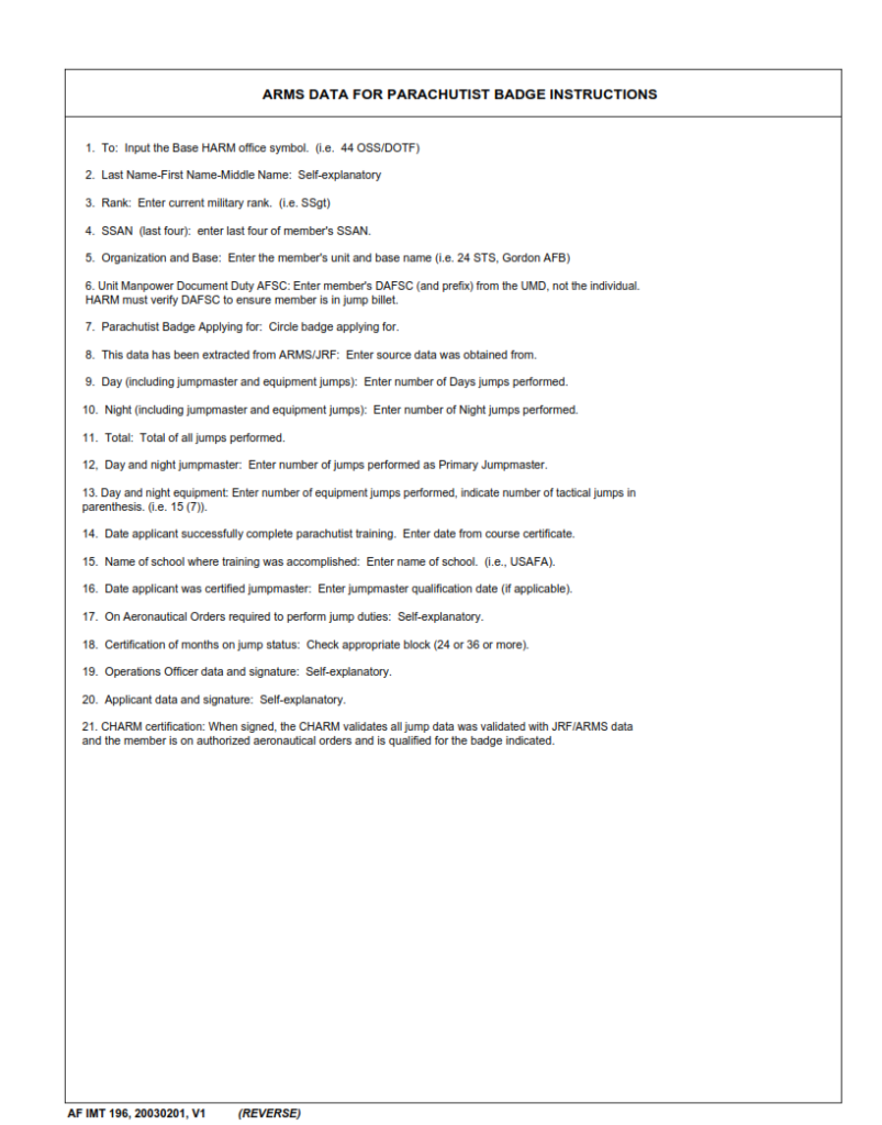 AF Form 196 – Arms Request Data For Parachutist Badge | Finder Doc