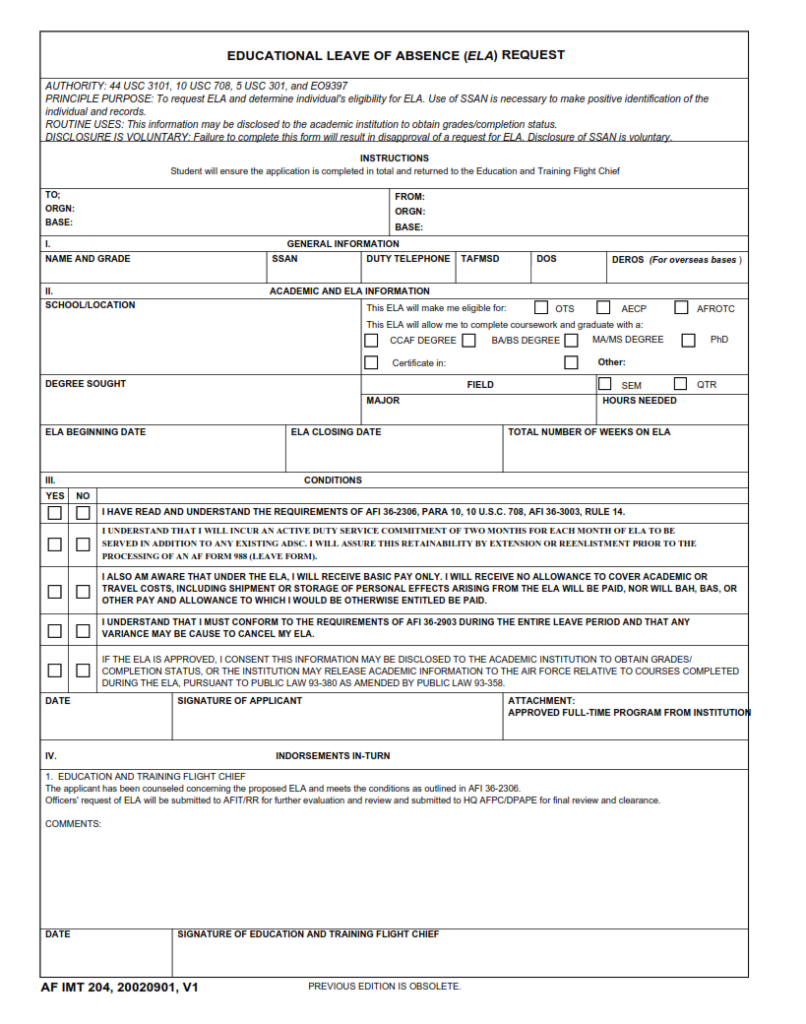 AF Form 204 – Educational Leave Of Absence (ELA) Request | Finder Doc