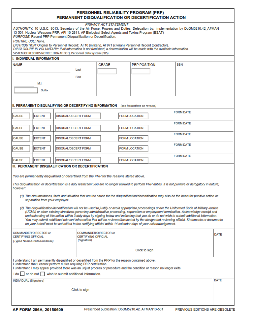 AF Form 286A – Personnel Reliability Program (PRP) Permanent Disqualification Or Decertification ...