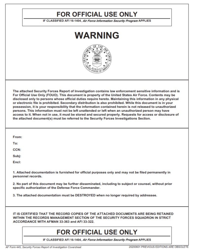 AF Form 445 – Security Forces Report Of Investigation Cover Sheet ...
