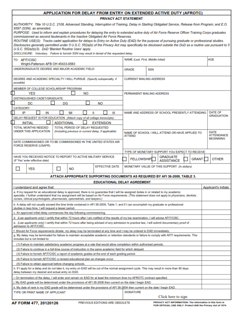 AF Form 477 – Application For Delay From Entry On Extended Active Duty ...