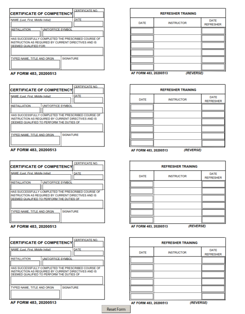 AF Form 483 – Certificate Of Competency | Finder Doc