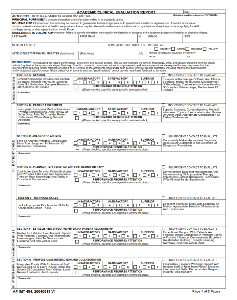 AF Form 494 – Academic/Clinical Evaluation Report | Finder Doc