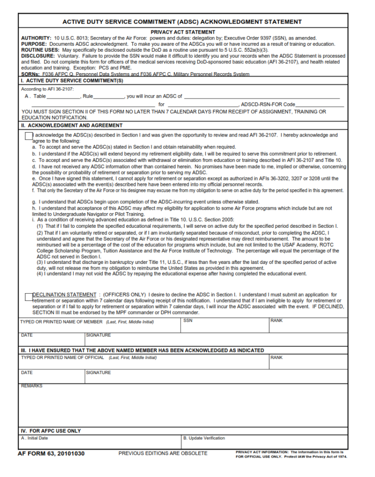 AF Form 63 – Active Duty Service Commitment (ADSC) Acknowledgement ...