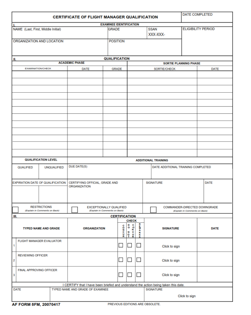 AF Form 8FM – Certificate Of Flight Manager Qualification | Finder Doc