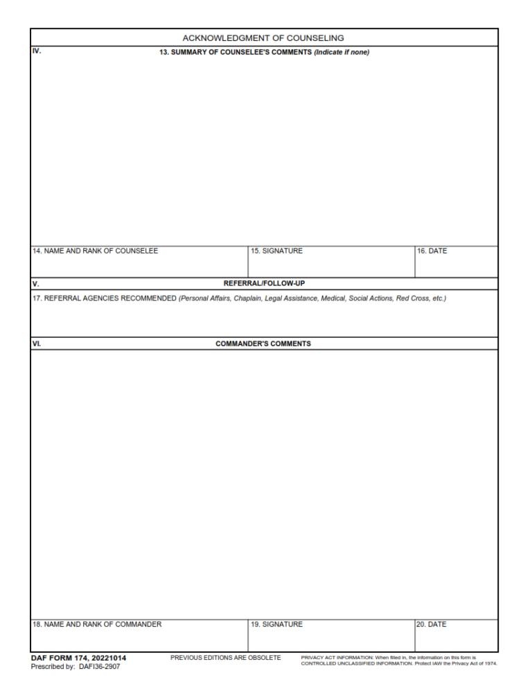DAF Form 174 – Record Of Individual Counseling | Finder Doc