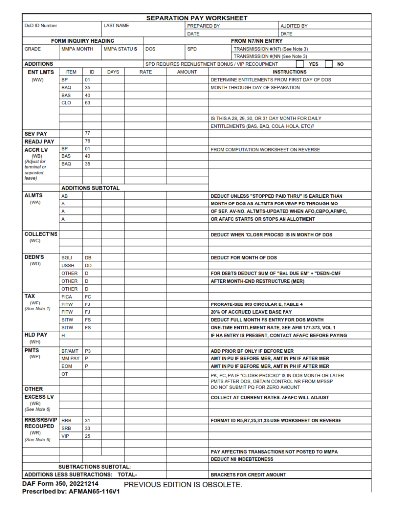 DAF Form 350 – Separation Pay Worksheet | Finder Doc