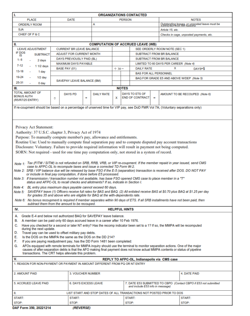 DAF Form 350 – Separation Pay Worksheet | Finder Doc