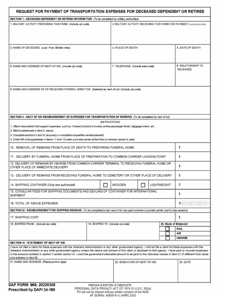 AF Form 969 – Request For Payment Of Transportation Expenses For ...