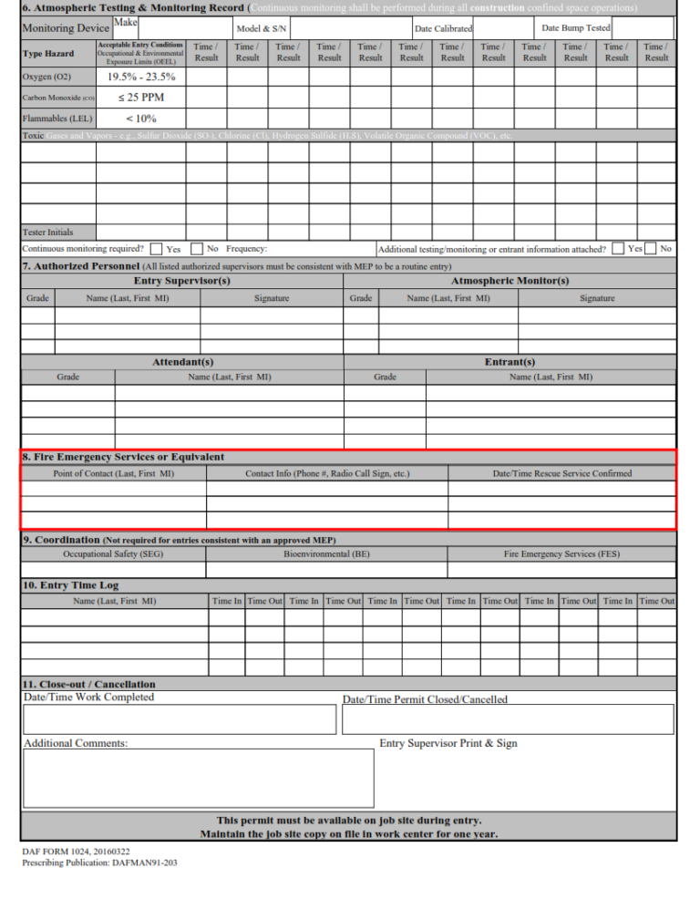 AF Form 1024 – Confined Spaces Entry Permit | Finder Doc