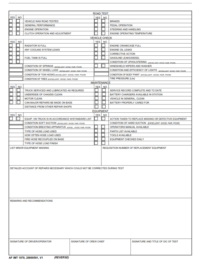 AF Form 1078 – Fire Truck And Equipment Test And Inspection Record ...