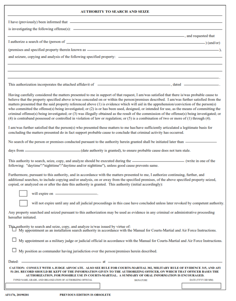 AF Form 1176 – Authority to Search and Seize | Finder Doc
