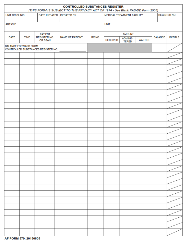 AF Form 579 – Controlled Substances Register | Finder Doc