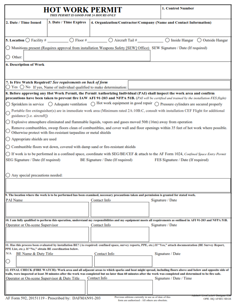 AF Form 592 Usaf Hot Work Permit Finder Doc AF Form 592 Usaf Hot Work Permit Finder Doc