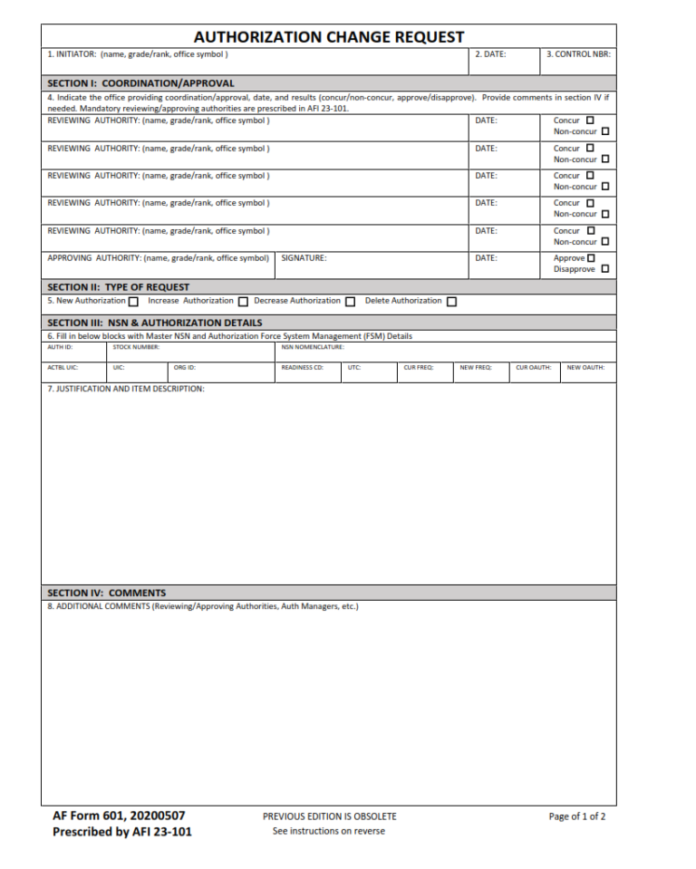 AF Form 601 – Authorization Change Request | Finder Doc
