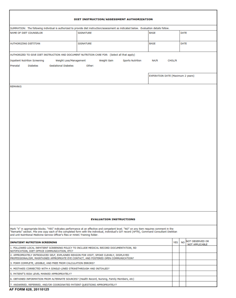 AF Form 628 – Diet Instruction/Assessment Authorization | Finder Doc