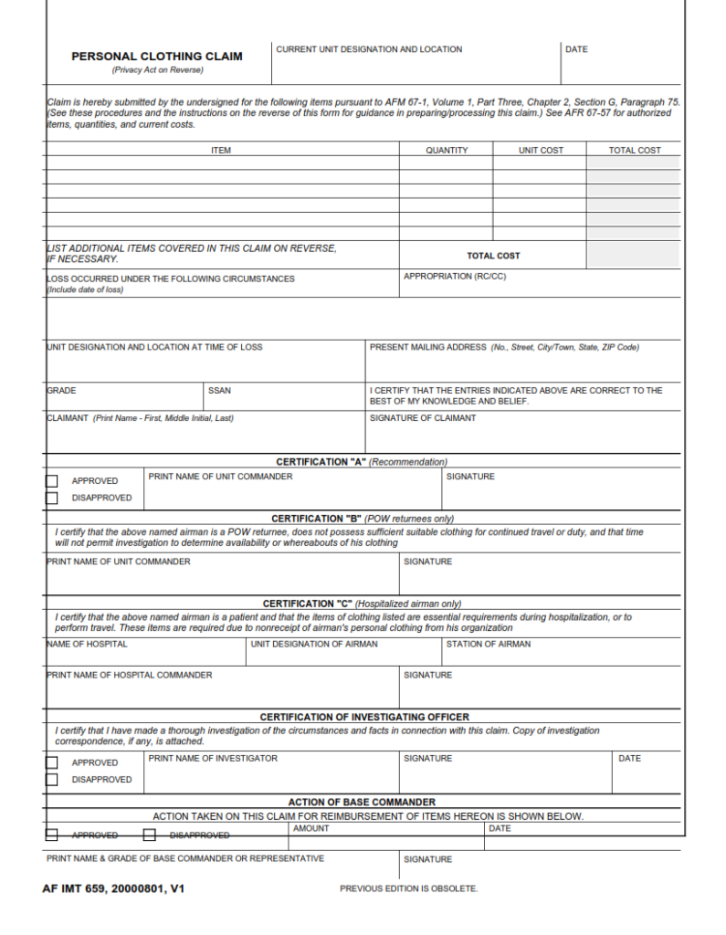 AF Form 659 – Personal Clothing Claim | Finder Doc