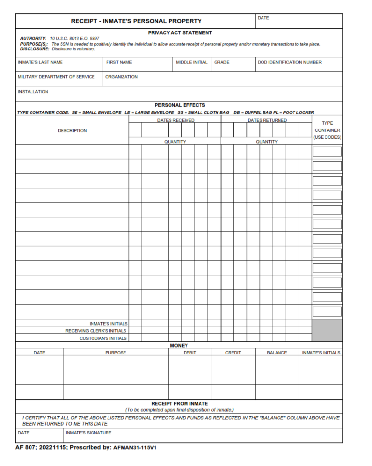 AF Form 807 – Receipt – Inmate’s Personal Property (I) | Finder Doc