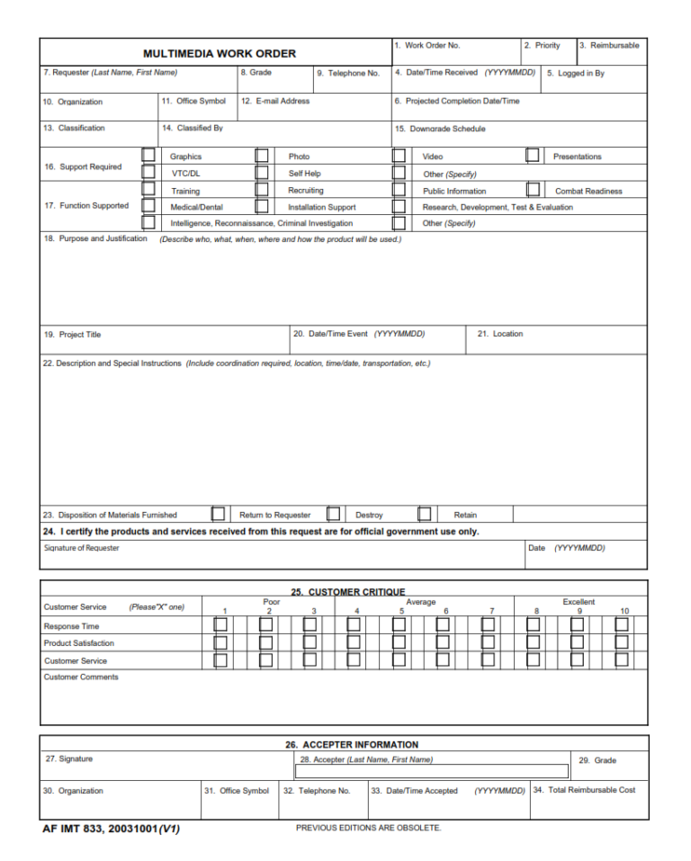AF Form 833 – Multimedia Work Order | Finder Doc