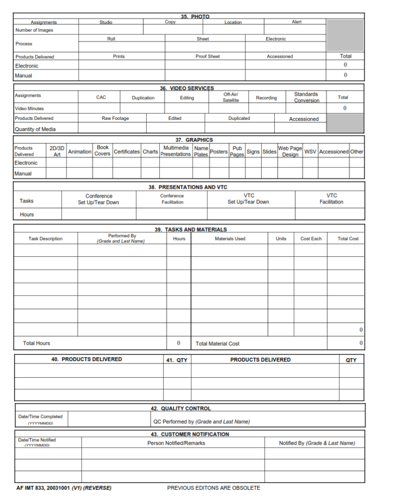 AF Form 833 – Multimedia Work Order | Finder Doc