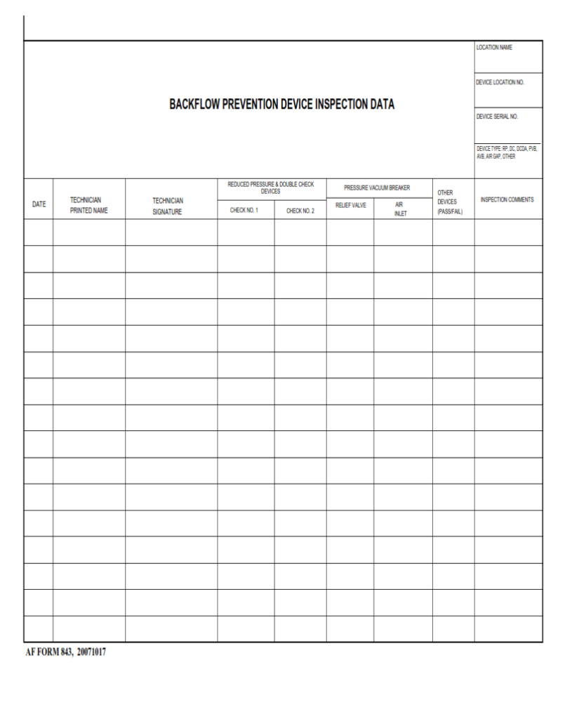 AF Form 843 – Backflow Prevention Inspection Data | Finder Doc