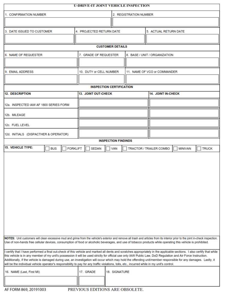 AF Form 869 – U-DRIVE-IT Joint Vehicle Inspection | Finder Doc