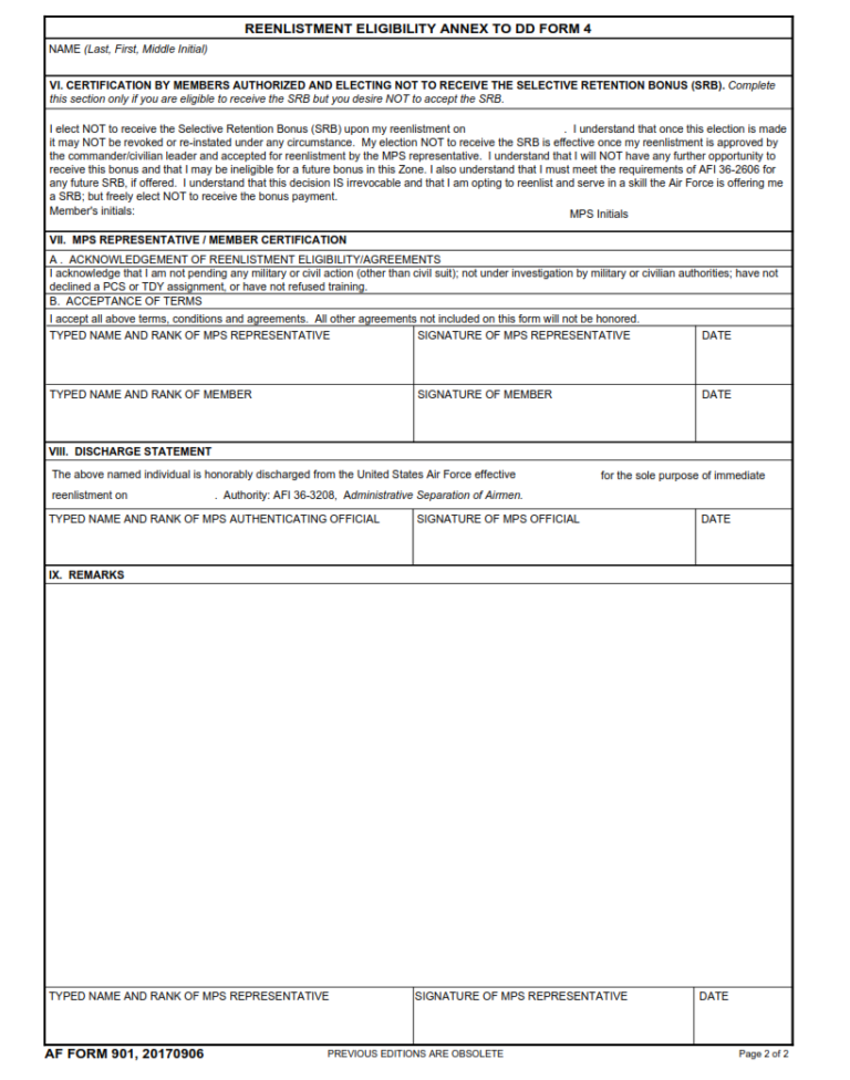 AF Form 901 – Renlistment Eligibility Annex To Dd Form 4 | Finder Doc