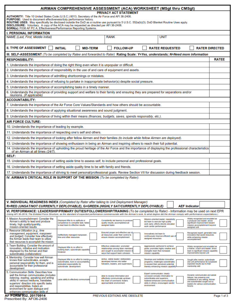 Af Form 932 Airman Comprehensive Assessment Msgt Thru Cmsgt
