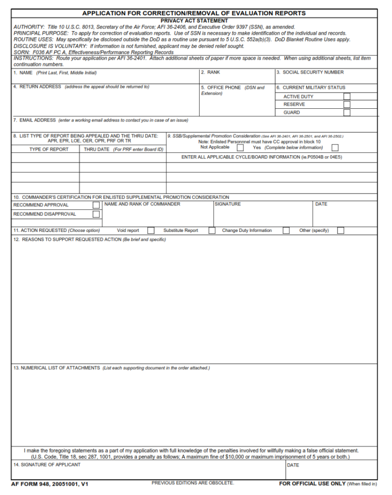 AF Form 948 – Application for Correction/Removal of Evaluation Reports ...