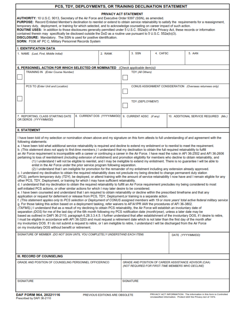DAF Form 964 – Pcs, Tdy, Deployments, Or Training Declination Statement ...