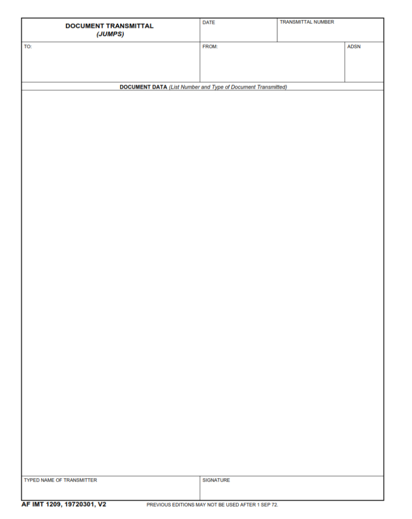 AF 1209 Form – Document Transmittal (Jumps) | Finder Doc