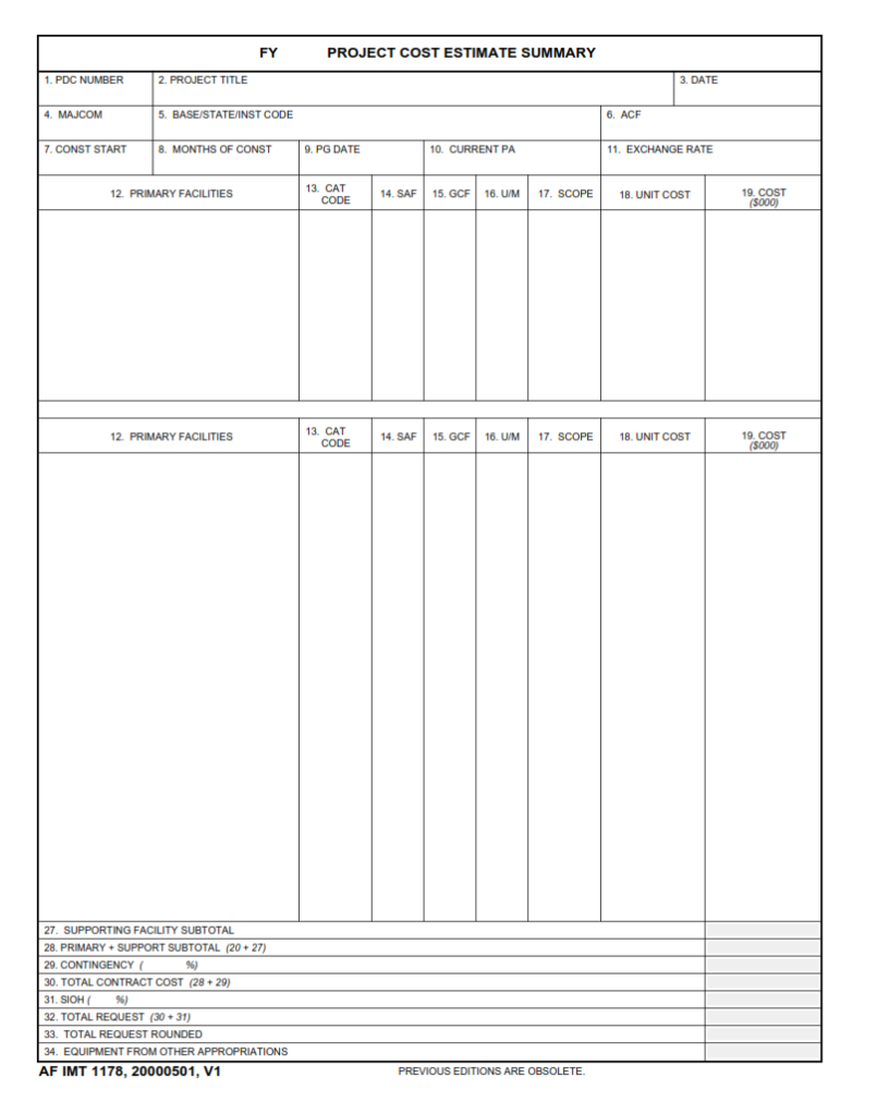 AF Form 1178 – Fy Project Cost Estimate Summary | Finder Doc