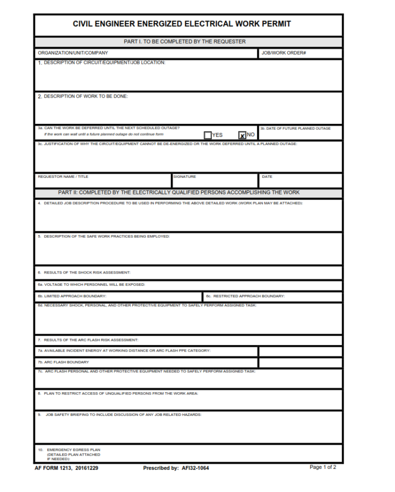 AF Form 1213 – Civil Engineer Energized Electrical Work Permit | Finder Doc