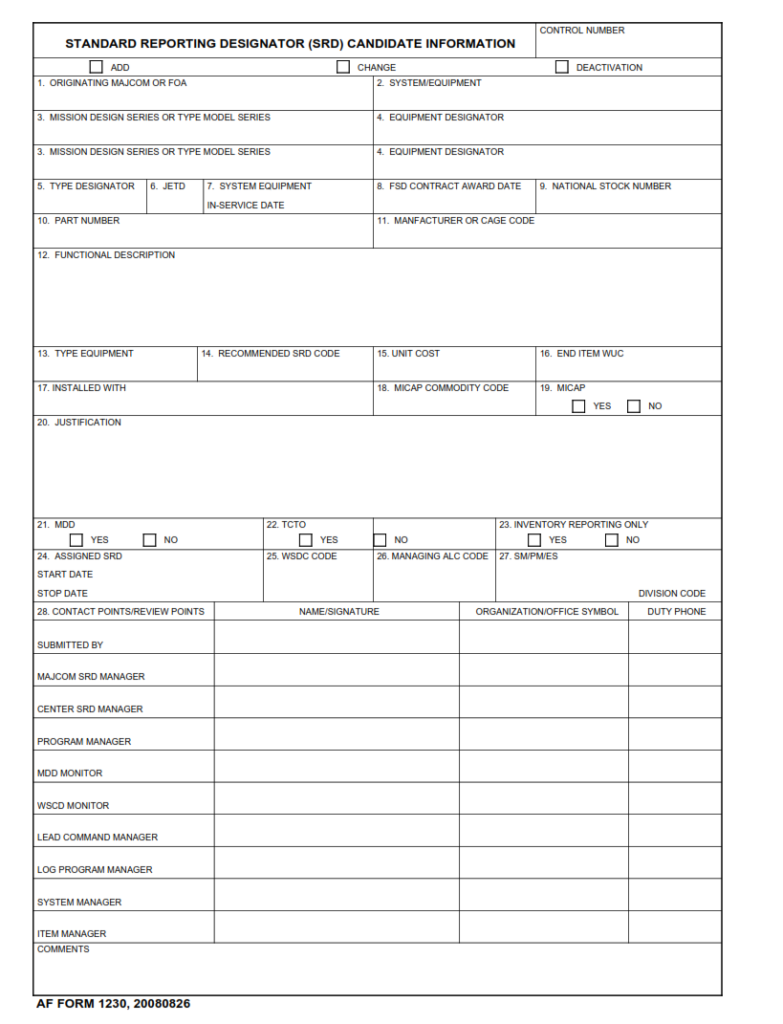 AF Form 1230 – Standard Reporting Designator (SRD) Candidate ...