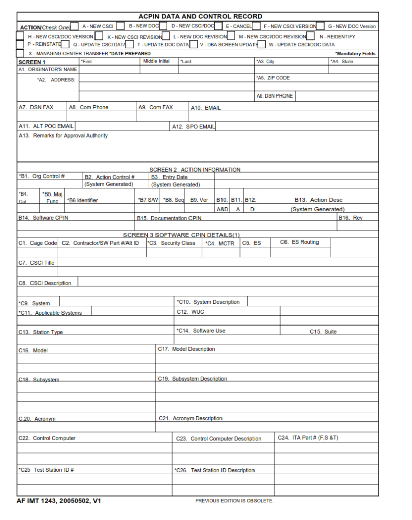 AF Form 1243 – ACPIN Data and Control Record | Finder Doc