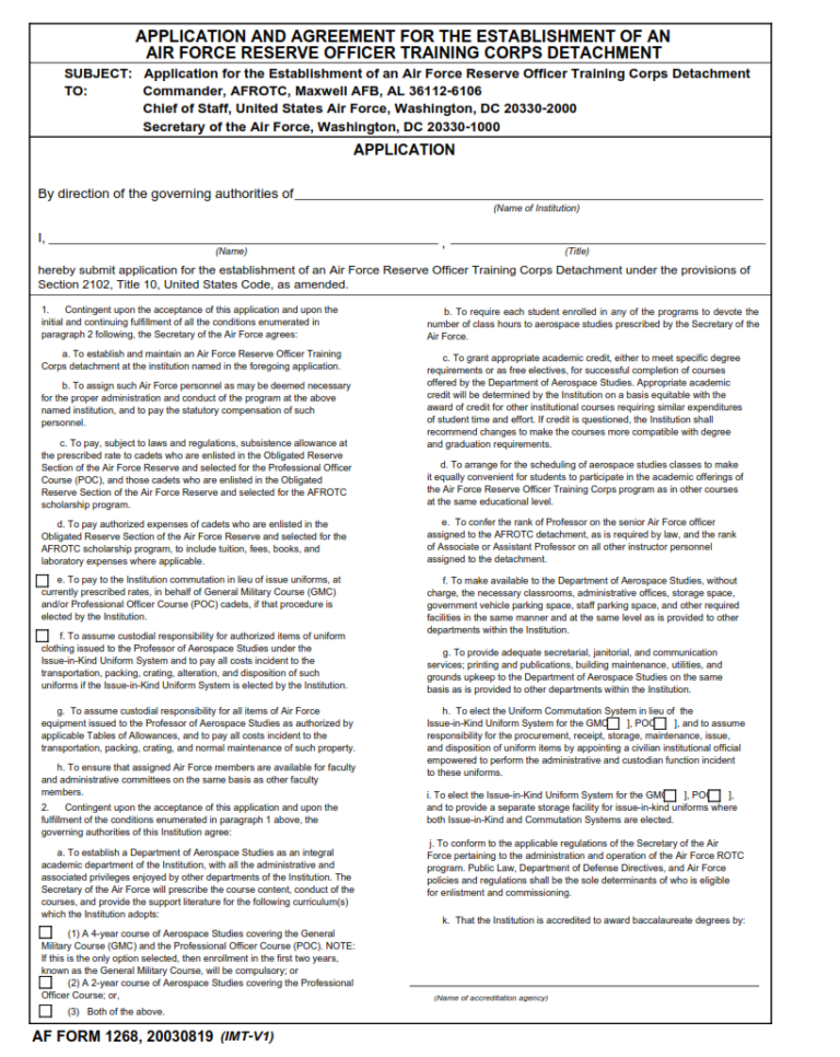 AF Form 1268 – Application and Agreement for the Establishment of an ...