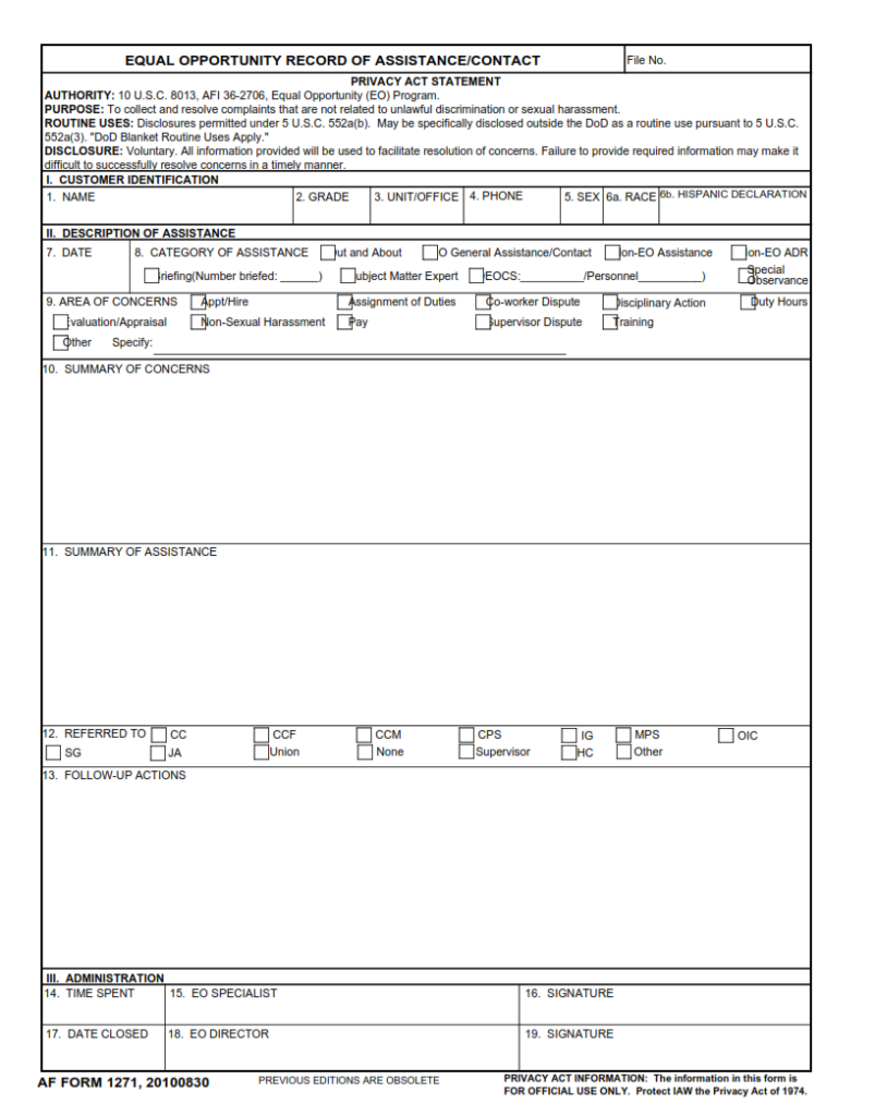 AF Form 1271 – Military Equal Opportunity Record Of Assistance | Finder Doc