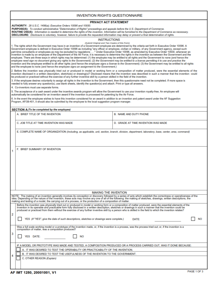 AF Form 1280 – Invention Rights Questionnaire | Finder Doc