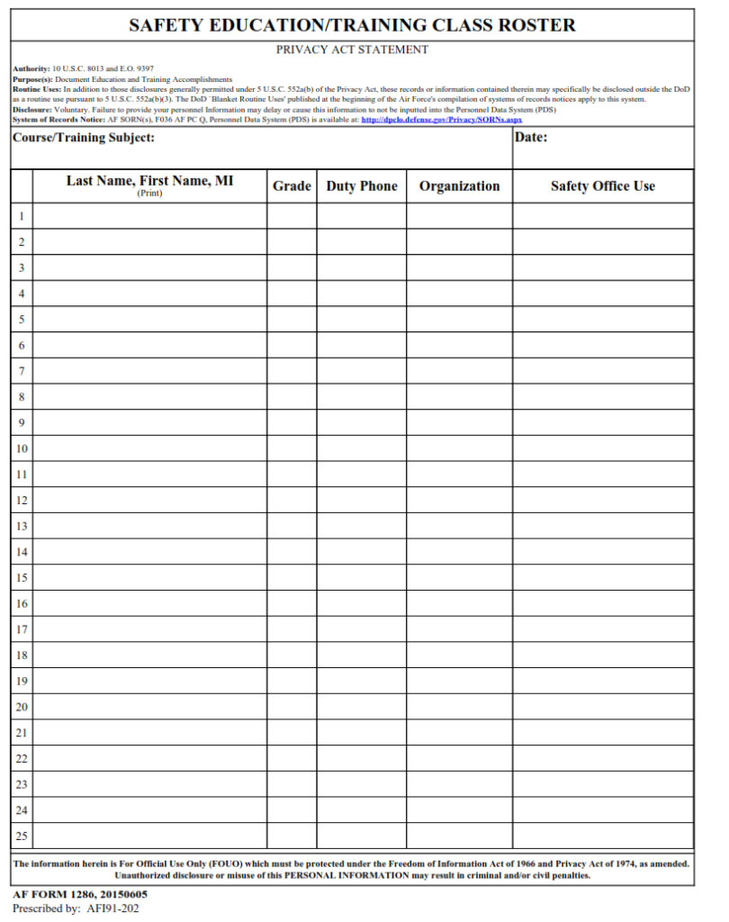 AF Form 1286 – Safety Education/Training Class Roster | Finder Doc