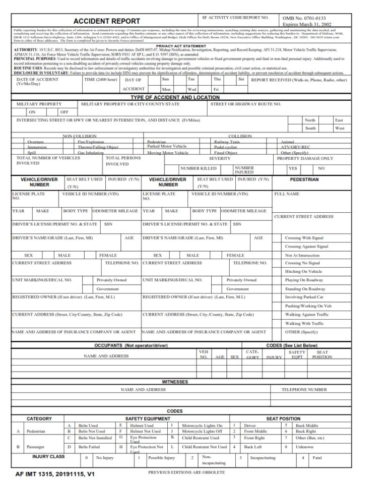 AF Form 1315 – Accident Report | Finder Doc