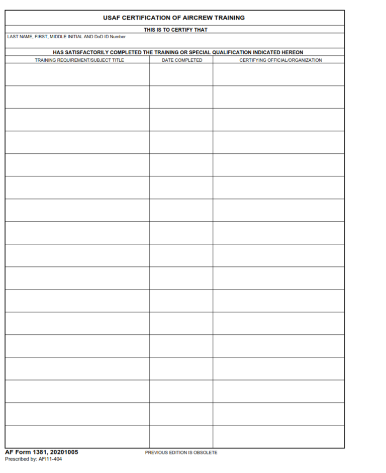 AF Form 1381 – Usaf Certification Of Air Crew Training | Finder Doc