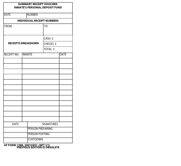 AF Form 1388 – Summary Receipt Voucher – Inmate’s Personal Deposit Fund ...