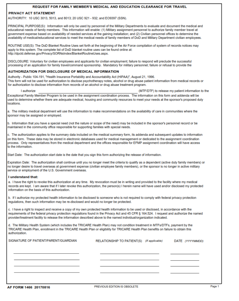 AF Form 1466 – Request For Family Member’s Medical And Education ...